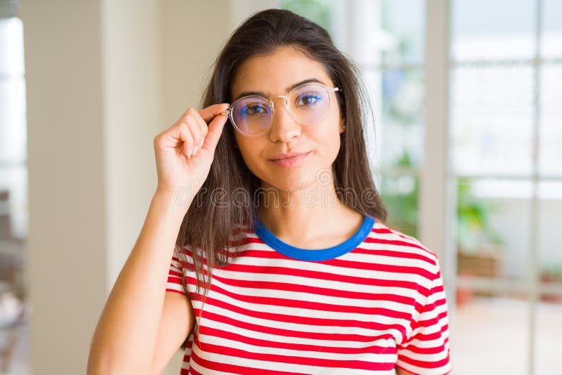 Young Beautiful Woman Smiling Cheerful Wearing Glasses Looking Happy