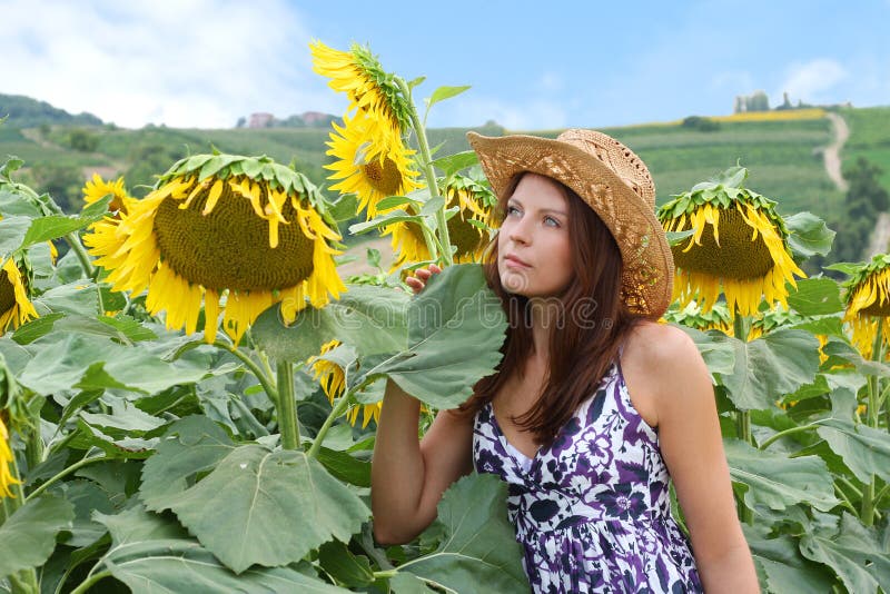 Young Beautiful Woman between Sunflowers Stock Image - Image of dress ...
