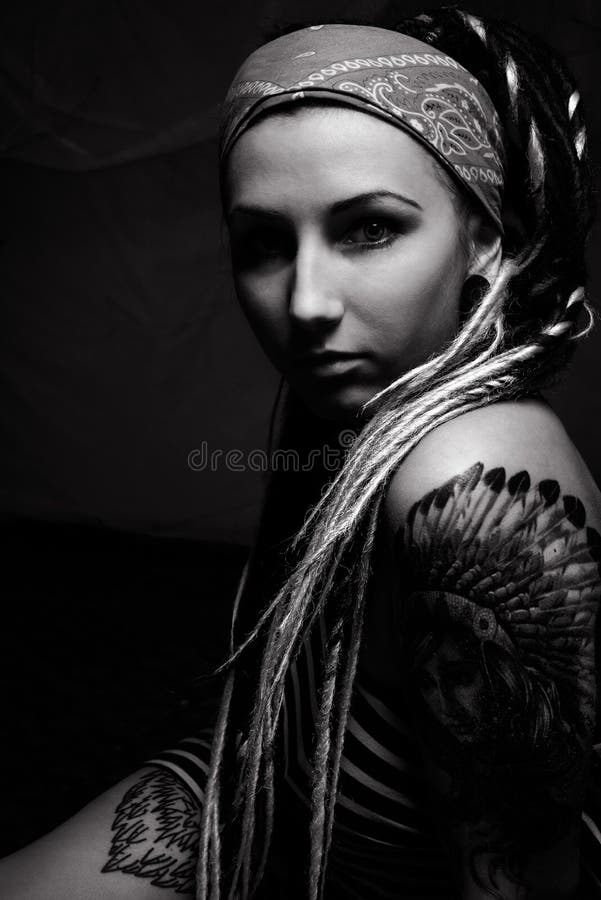 Young Beautiful Woman with Tattoo and Dreadlocks Stock Photo - Image of ...