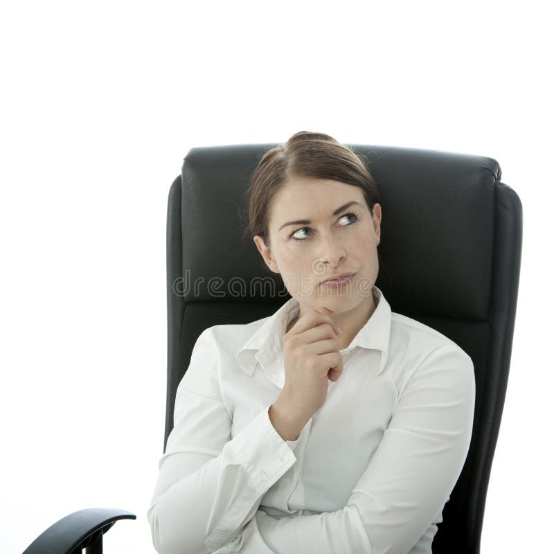 Young Beautiful Woman Think in Chair about Idea Stock Image - Image of ...