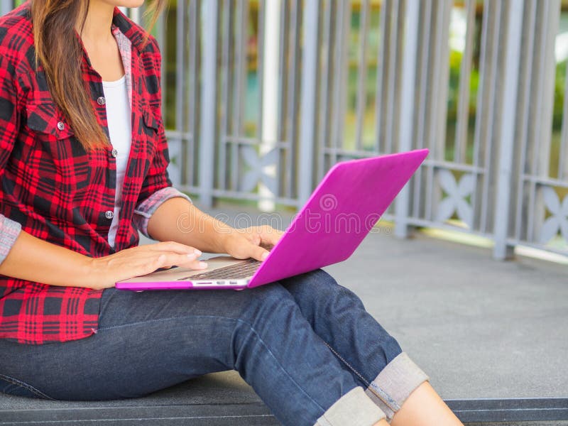 Young Beautiful Woman Using a Laptop Computer at Outdoor Stock Image ...
