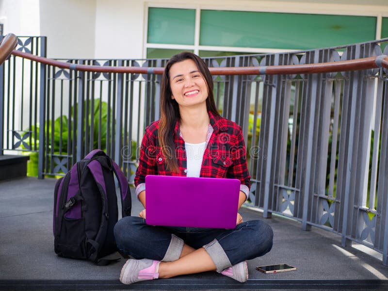 Young Beautiful Woman Using a Laptop Computer at Outdoor Stock Image ...