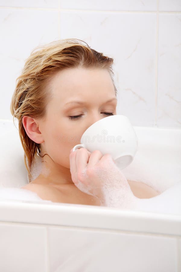 Young Beauty Woman in the Bath Drinking Stock Image - Image of ...