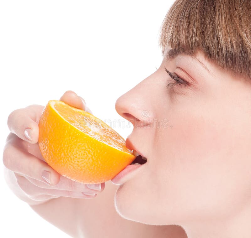 Young Beauty Woman with Orange Stock Image - Image of lips, closeup ...