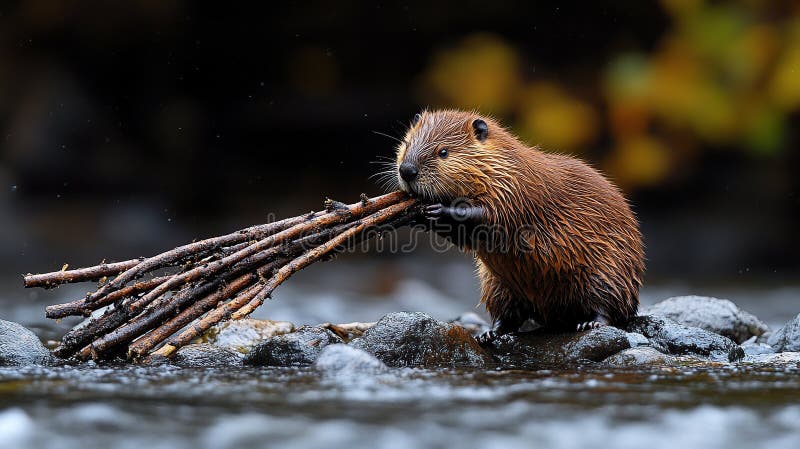 Young Beaver Carrying Sticks Near a Stream Stock Illustration ...