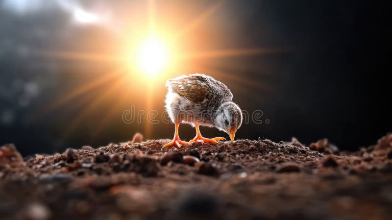 Young Bird Foraging on Soil at Sunrise with Sunburst Effect Stock Image ...