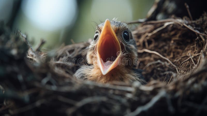 Young Bird in Nest with Open Mouth Waiting To Be Fed Stock Illustration ...
