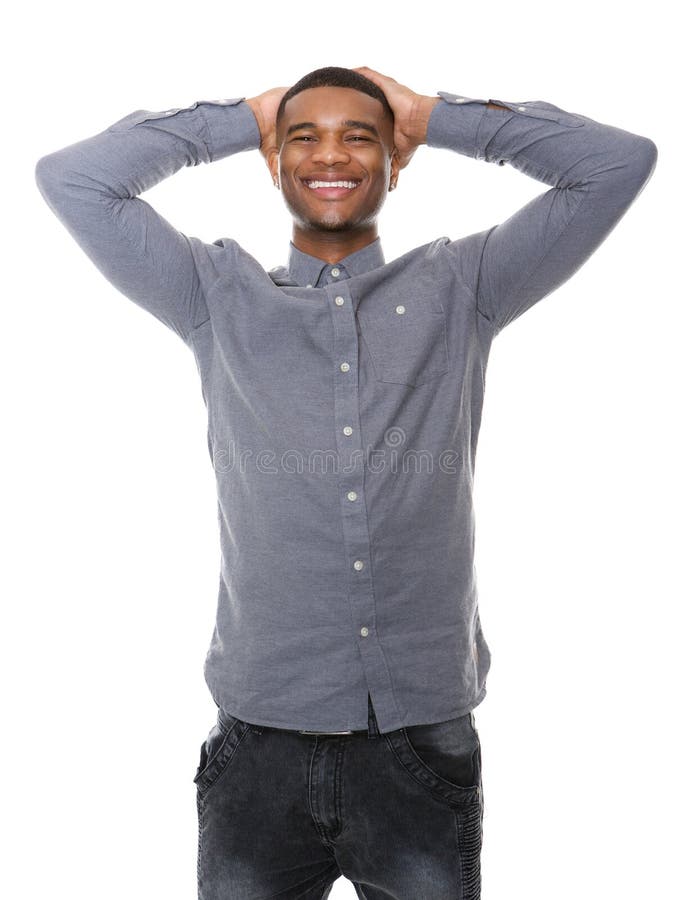 Young Black Man Laughing with Hands on Head Stock Photo - Image of ...