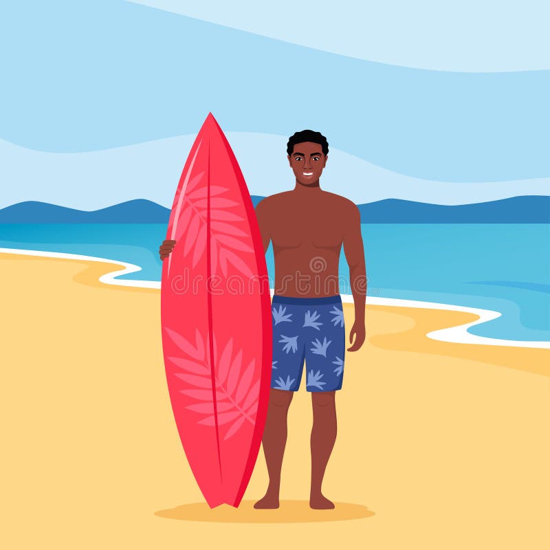 Young Black Man Surfer With Surfboard Standing On The Beach Smiling
