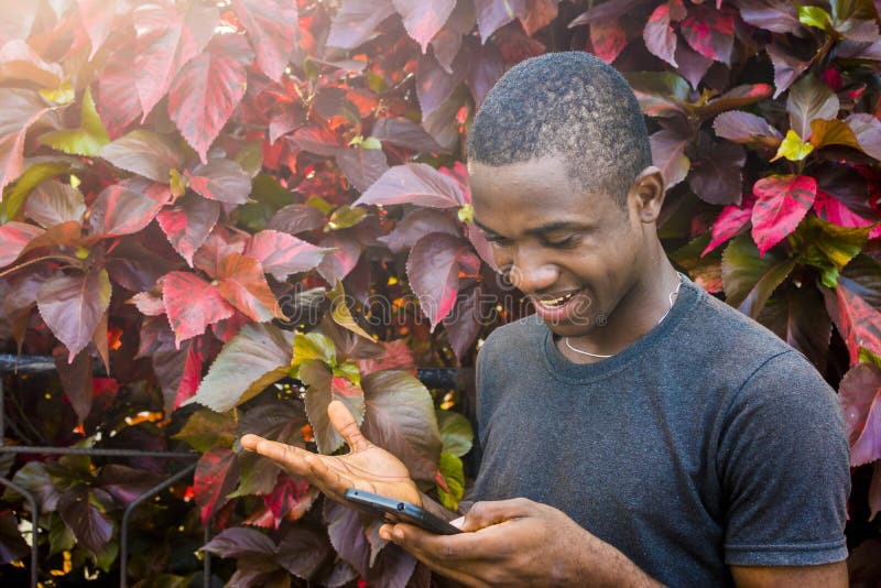 Young Black Man Using His Mobile Phone Feeling Excited Stock Photo ...