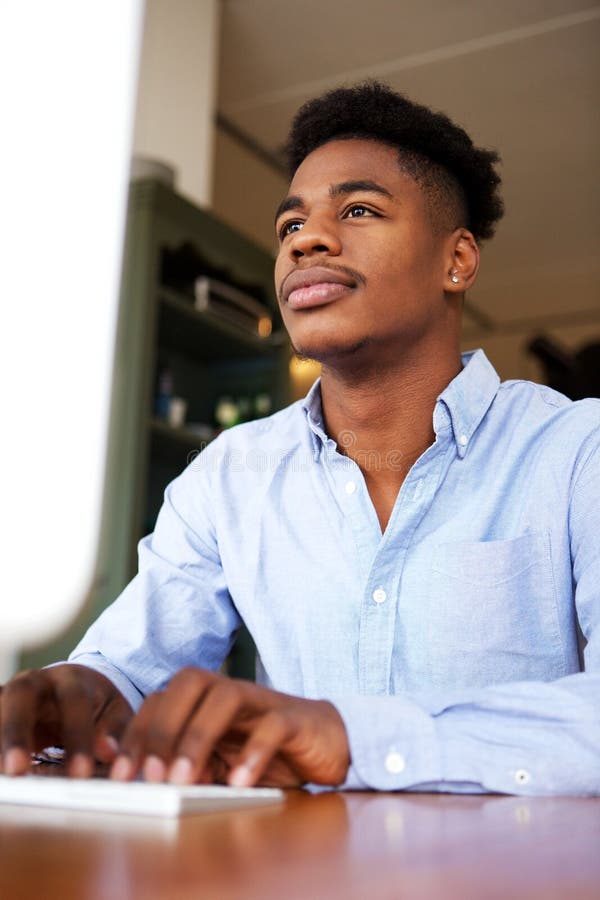 Young Black Man Working with Computer at Office Stock Photo - Image of ...