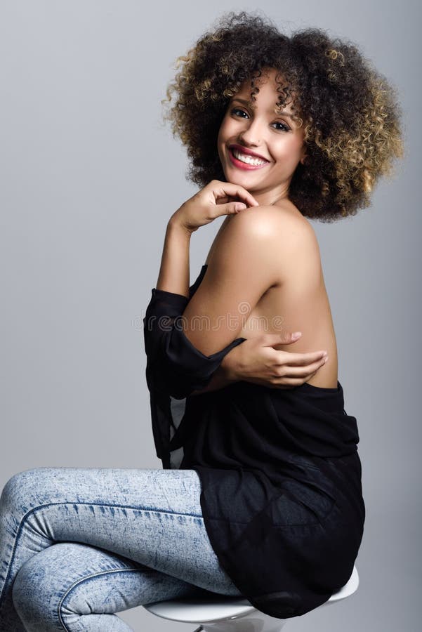 Young Black Woman With Afro Hairstyle Smiling Stock Image Image Of