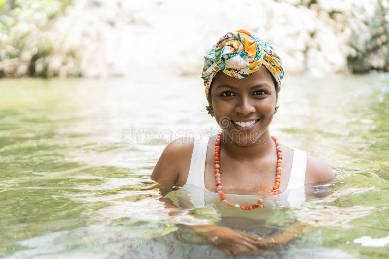 Young Black Woman in a River in Nature Scene Stock Photo - Image of ...