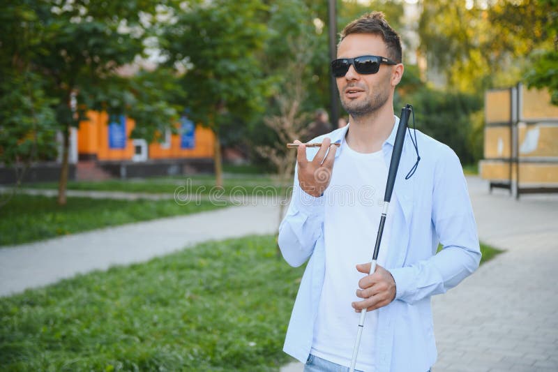 Young Blind Man with Smartphone in City, Calling Stock Photo - Image of ...