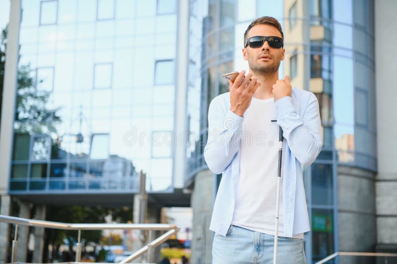 Young Blind Man with Smartphone in City, Calling Stock Photo - Image of ...
