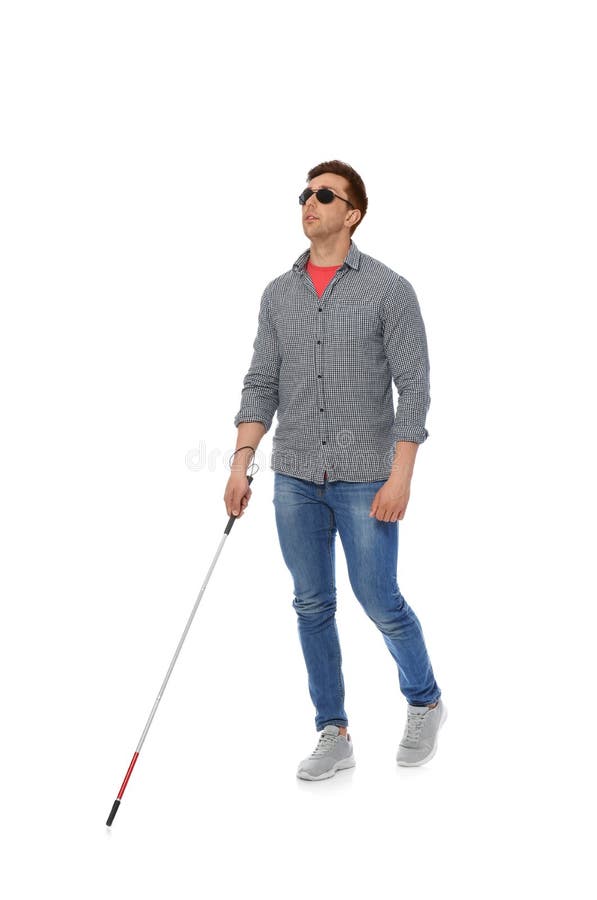 Young Blind Person with Long Cane Walking on White Stock Photo - Image ...