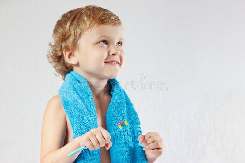Young Blond Boy with Toothbrush with Toothpaste Stock Photo - Image of ...