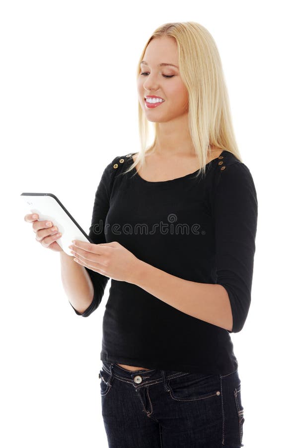 Young Blond Caucasian Woman Using Tablet Computer Stock Image - Image ...