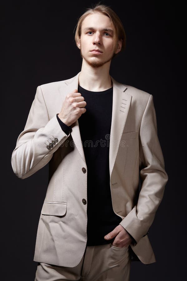 Young Blond Male Model in Beige Man Suit Stock Photo - Image of beige ...