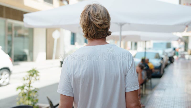 Young Blond Man Standing on Back View at Street Stock Photo - Image of ...