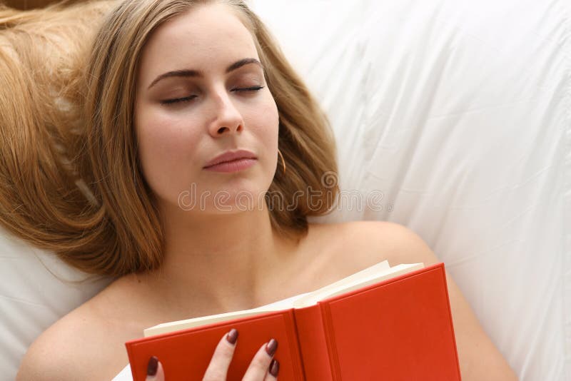 Woman Fall Asleep with Book Stay in Bed Stock Image - Image of delight ...