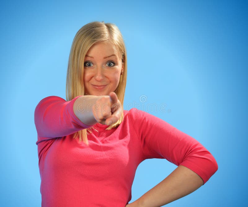 Young Blond Woman Pointing a Finger. Stock Photo - Image of look, happy ...