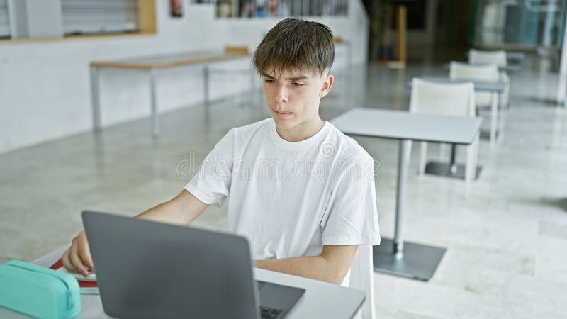Young Blonde Male Student Studying with Laptop in a Modern University ...