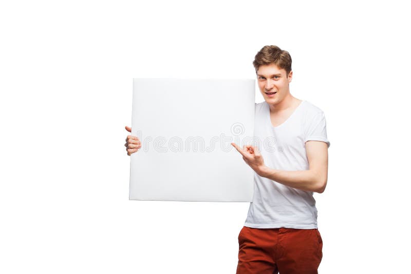 Young Blonde Man Showing Empty Panel Isolated on White Stock Image ...