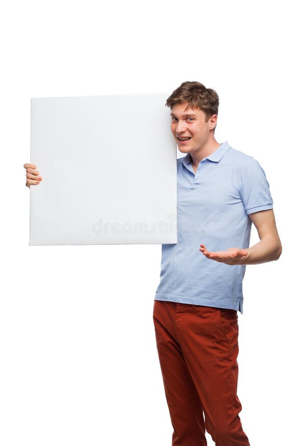 Young Blonde Man Showing Empty Panel Isolated on White Stock Photo ...