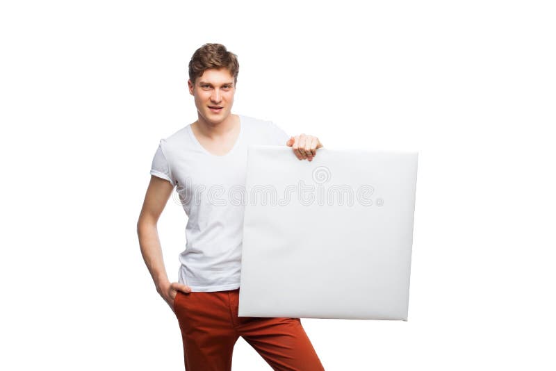 Young Blonde Man Showing Empty Panel Isolated on White Stock Image ...