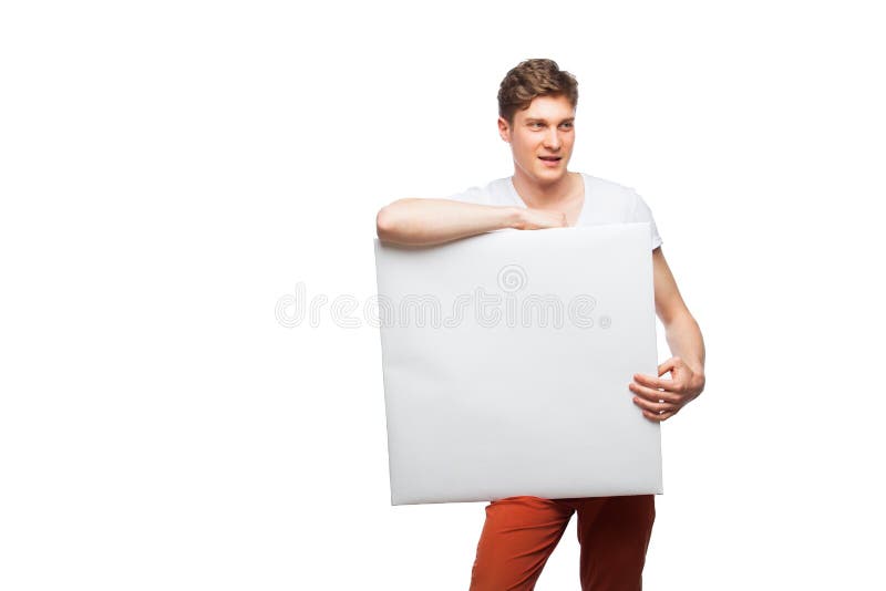 Young Blonde Man Showing Empty Panel Isolated on White Stock Image ...