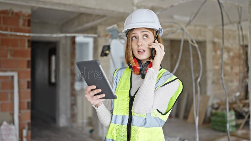 Young Blonde Woman Architect Talking on Smartphone Looking Touchpad at ...