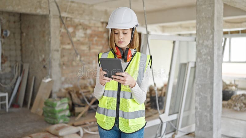 Young Blonde Woman Architect Using Touchpad with Serious Expression at ...