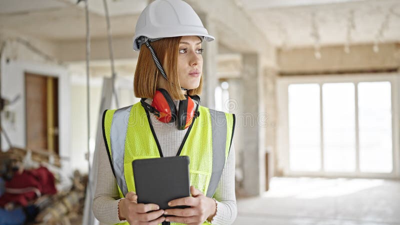 Young Blonde Woman Architect Using Touchpad with Serious Expression at ...