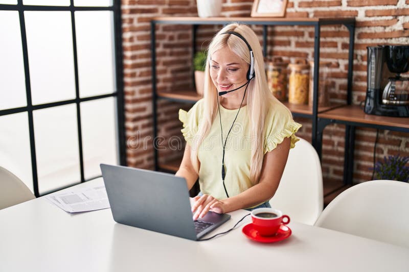 Young Blonde Woman Call Center Agent Working at Home Stock Image ...