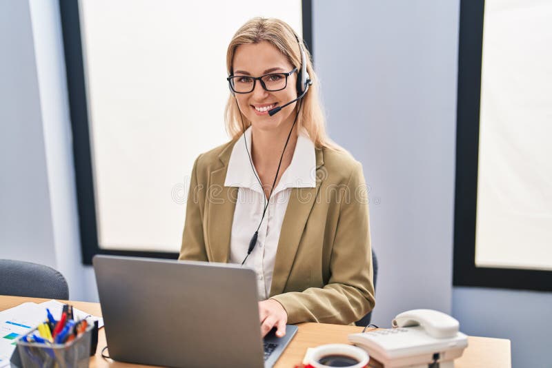Young Blonde Woman Call Center Agent Working at Office Stock Photo ...