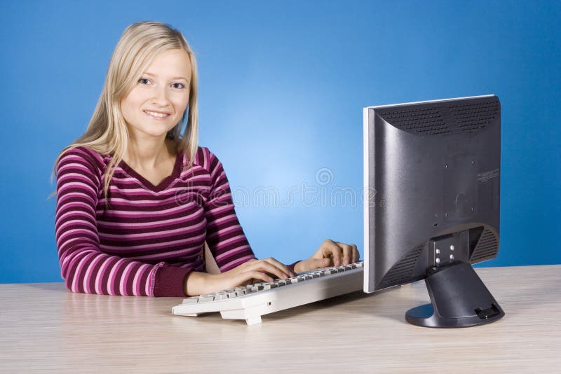 Young Blonde Woman at the Computer Stock Photo - Image of busy, people ...