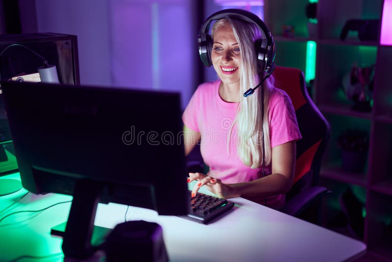 Young Blonde Woman Streamer Smiling Confident Using Computer at Gaming ...
