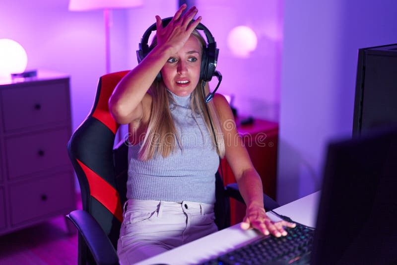 Young Blonde Woman Streamer Stressed Using Computer at Gaming Room ...