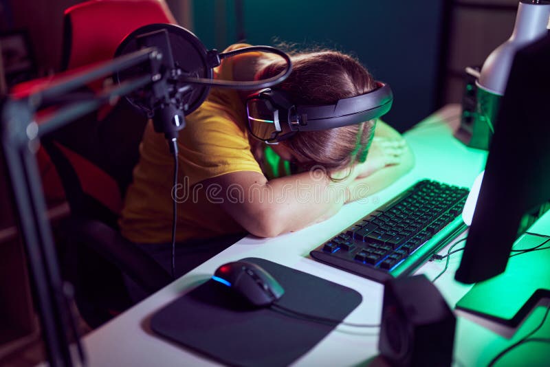 Young Blonde Woman Streamer Stressed Using Computer at Gaming Room ...