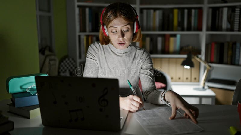 Young Blonde Woman Student Having Video Call Writing Notes at Library ...