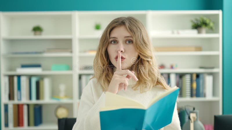 Young Blonde Woman Student Reading Book Doing Silence Gesture at ...