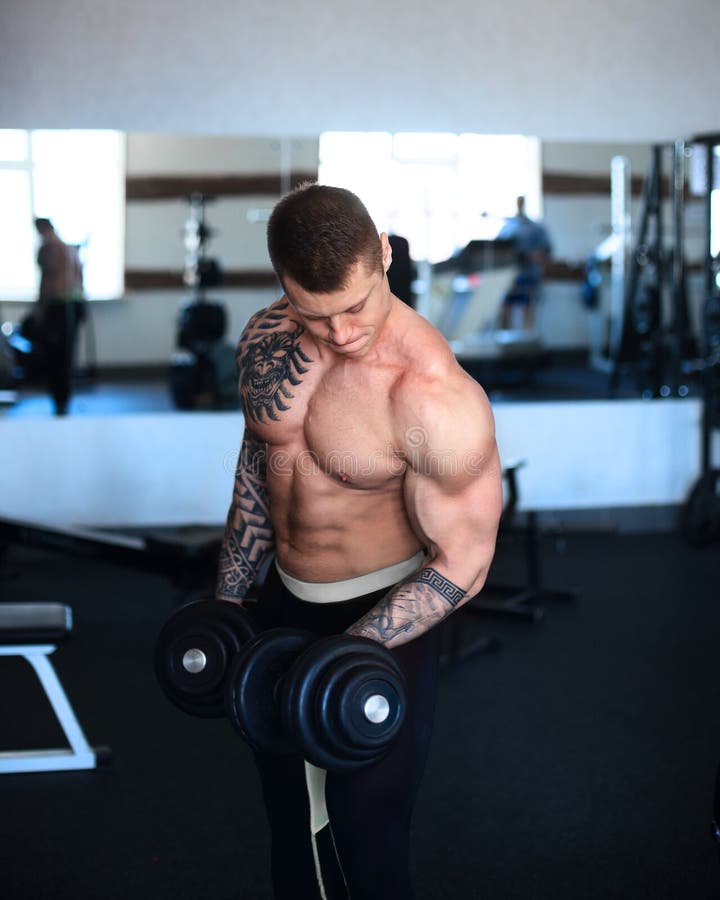 Young Bodybuilder Does Exercises with Dumbbells in the Gym. Stock Image ...