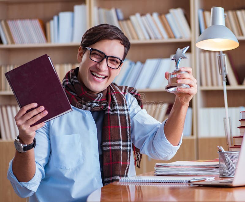 Young Book Writer Writing in Library Stock Image - Image of glasses ...