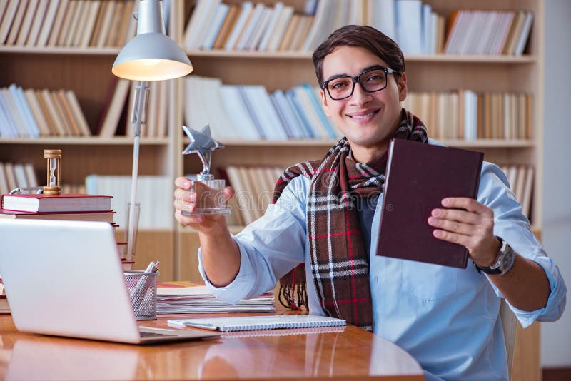 The Young Book Writer Writing in Library Stock Photo - Image of glasses ...