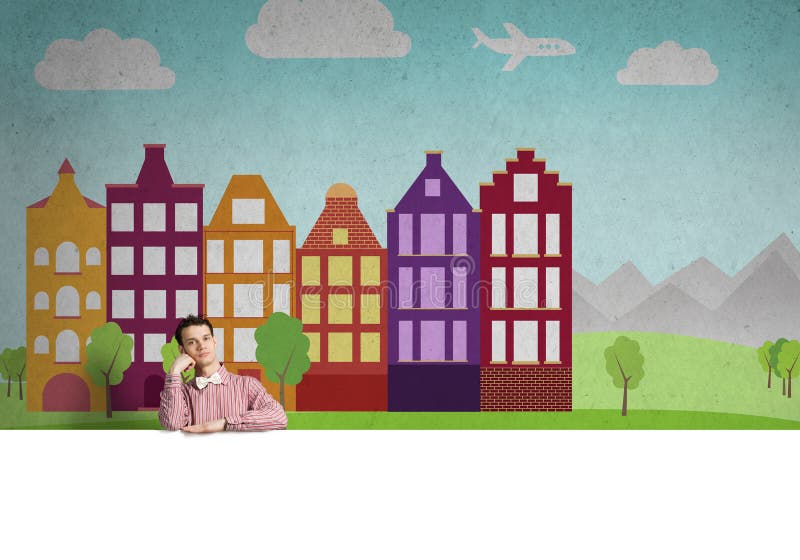 Bored man with banner stock photo. Image of positive - 111607824