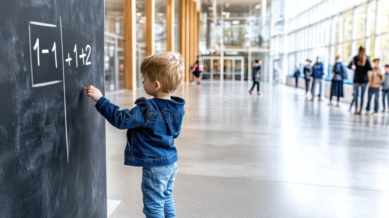 Young Boy Actively Engaged in Writing Numbers on a Blank Blackboard ...