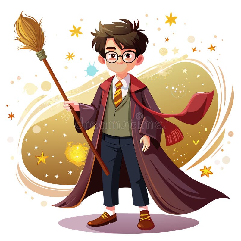 A Young Boy in a Wizard Costume Holding a Broomstick Stock Vector ...