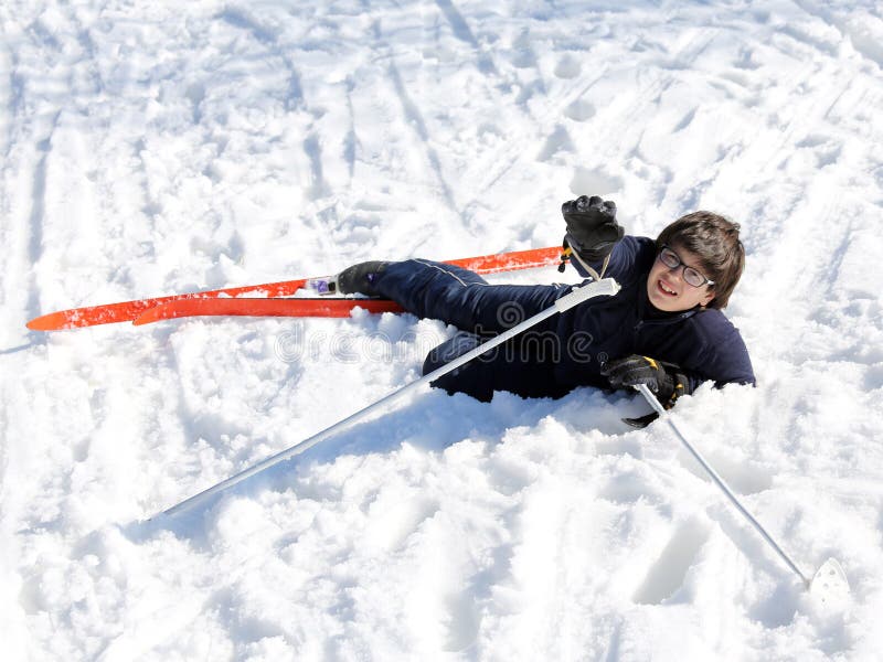 Young Boy Asks for Help after the Fall on Skis Stock Image - Image of ...