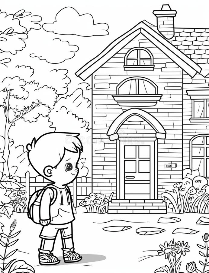 A Young Boy with a Backpack Approaches a Cozy, Detailed House. Stock ...